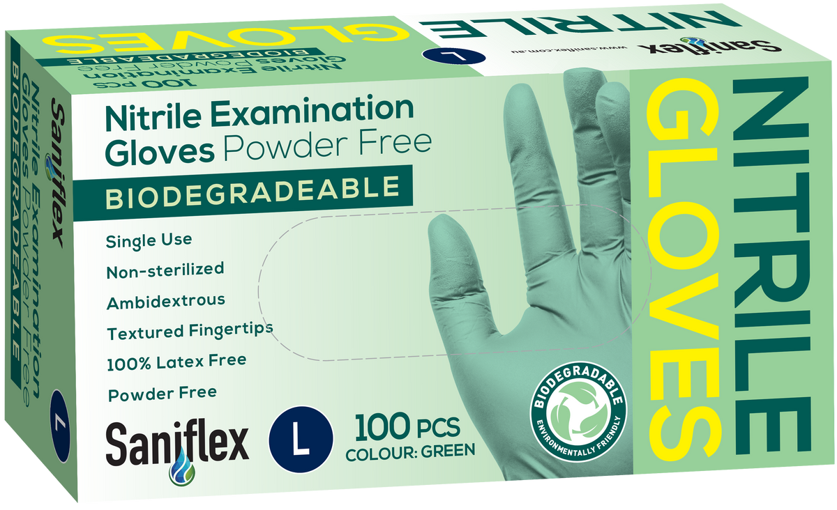 Saniflex Biodegradable Nitrile Gloves- Green 100 Pack (Carton of 10 bo ...